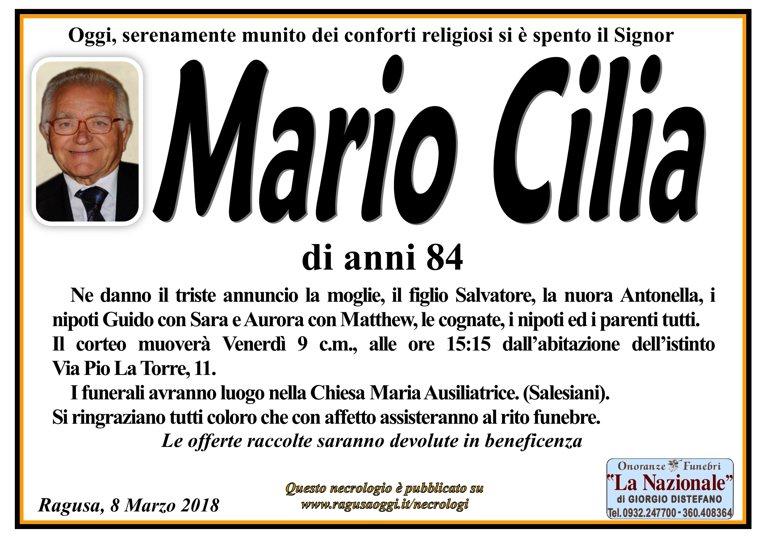 Necrologi: Mario Cilia - Ragusa Oggi