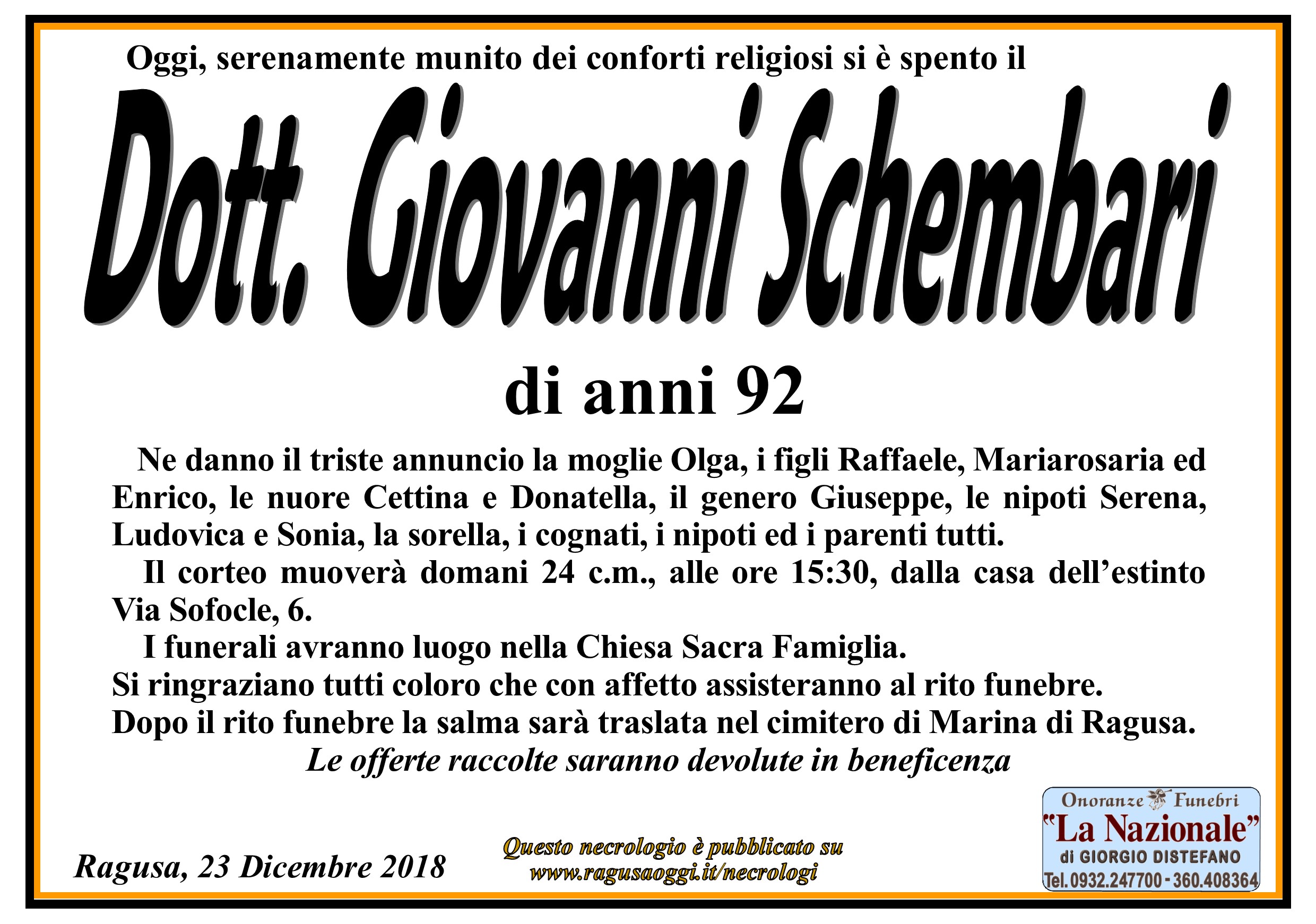 Necrologi: Giovanni Schembari - Ragusa Oggi