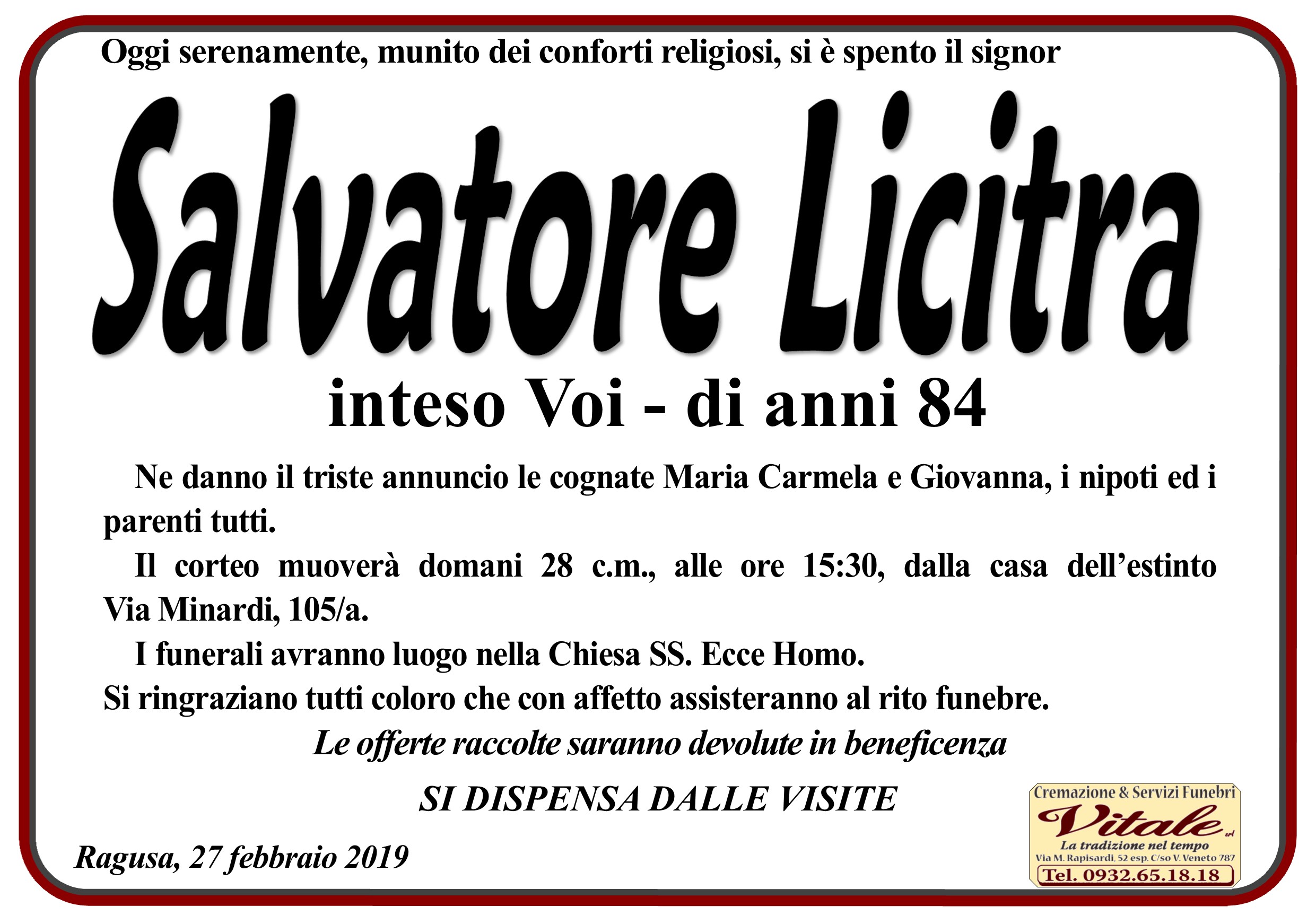 Necrologi: Salvatore Licitra - Ragusa Oggi