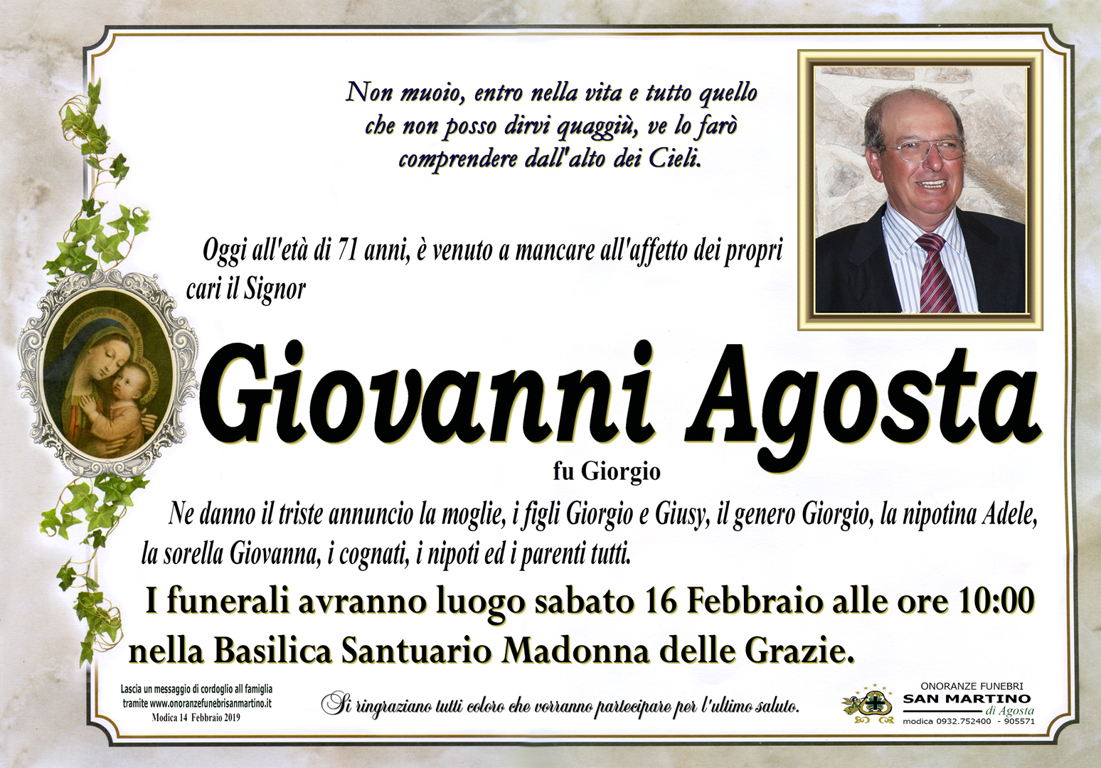 Necrologi: Giovanni Agosta - Ragusa Oggi