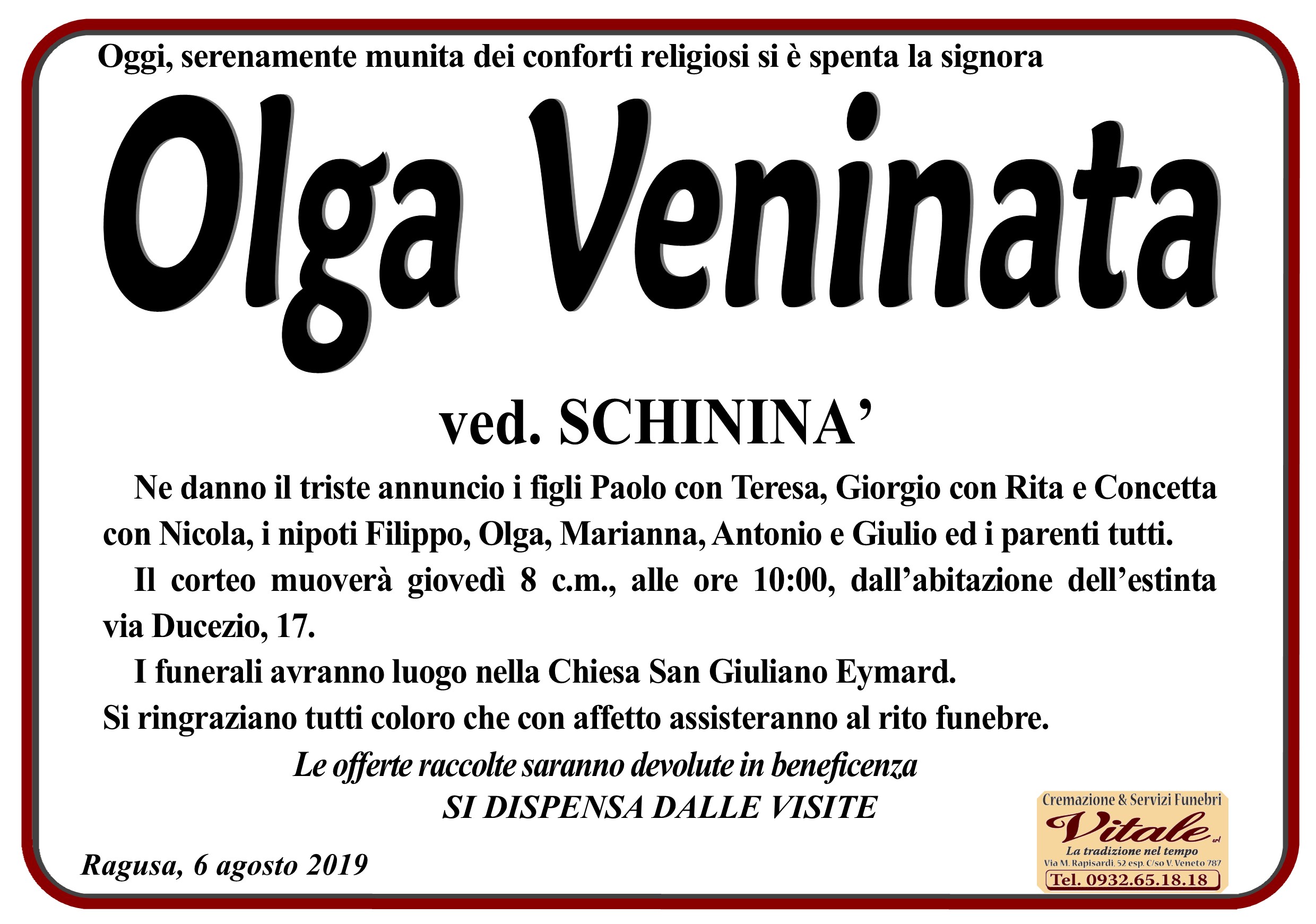 Necrologi: Olga Veninata - Ragusa Oggi