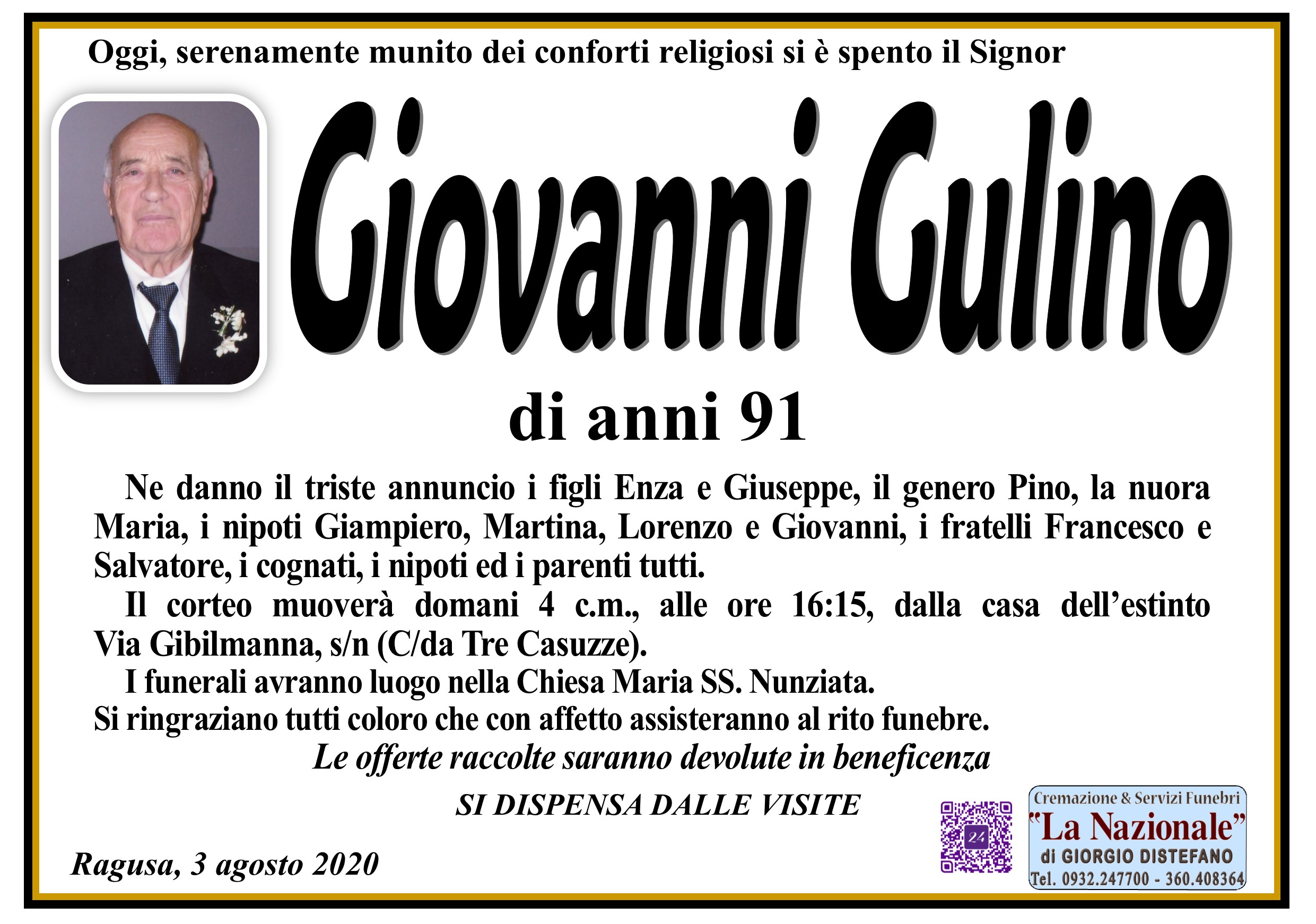 Necrologi: Giovanni Gulino - Ragusa Oggi