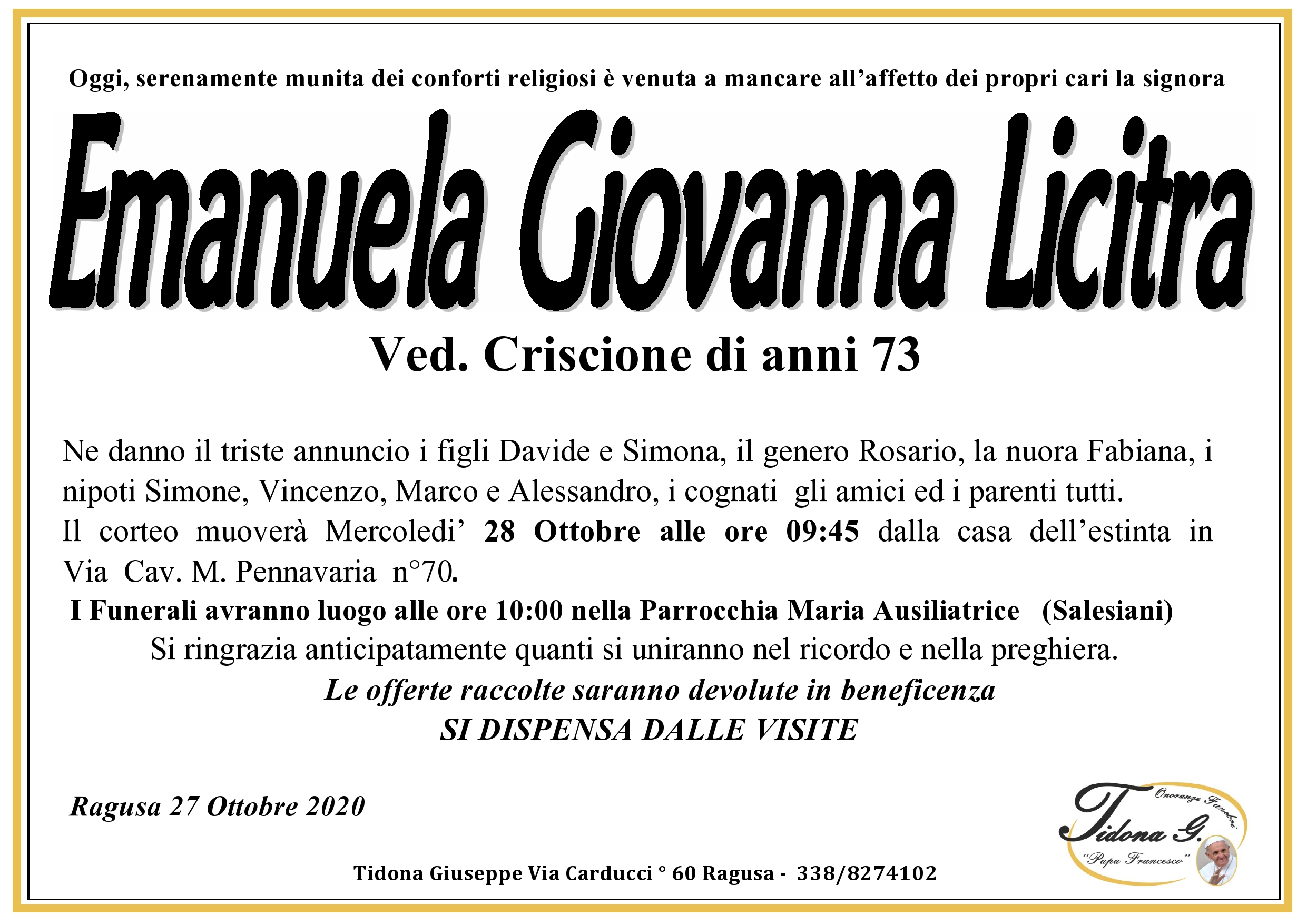 Necrologi: Emanuela Giovanna Licitra - Ragusa Oggi