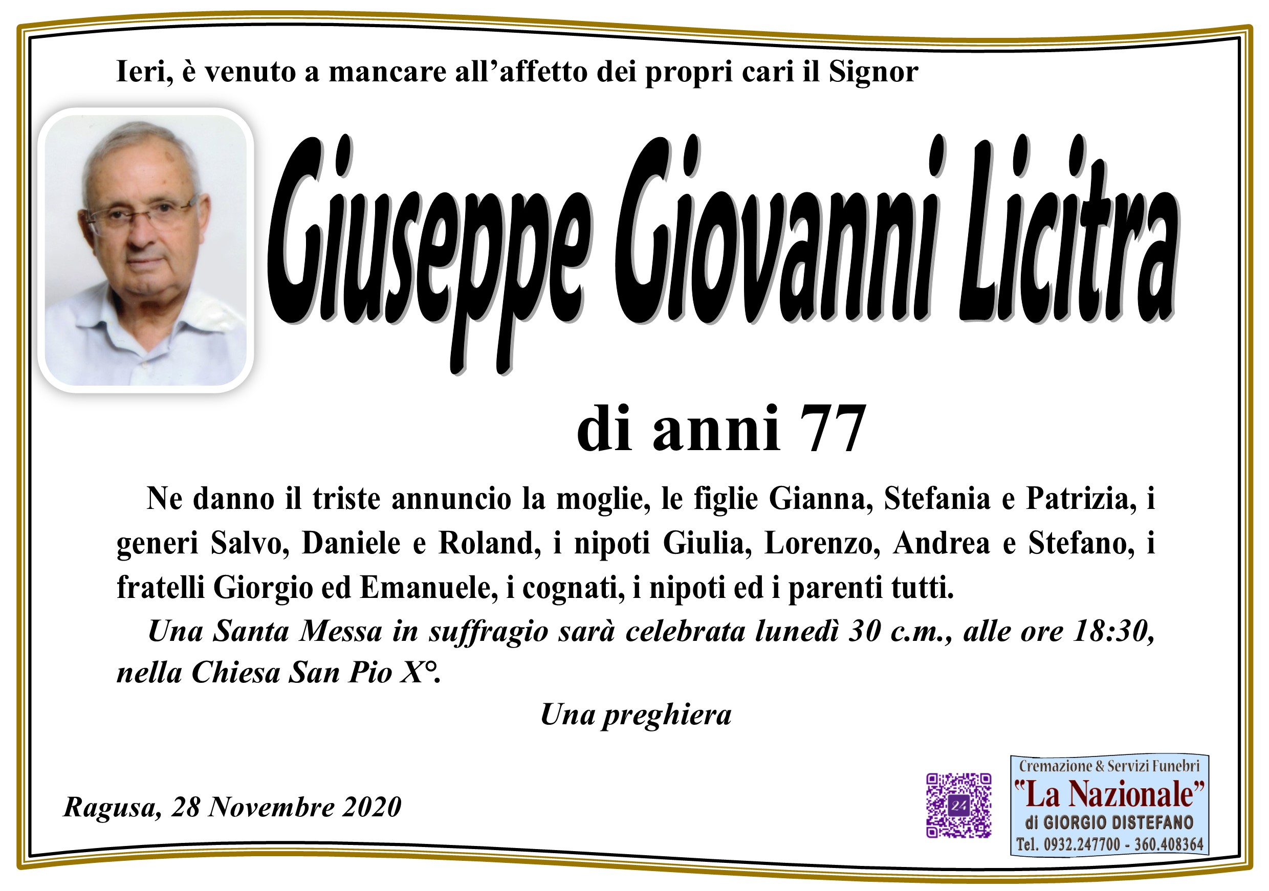 Necrologi: Giuseppe Giovanni Licitra - Ragusa Oggi