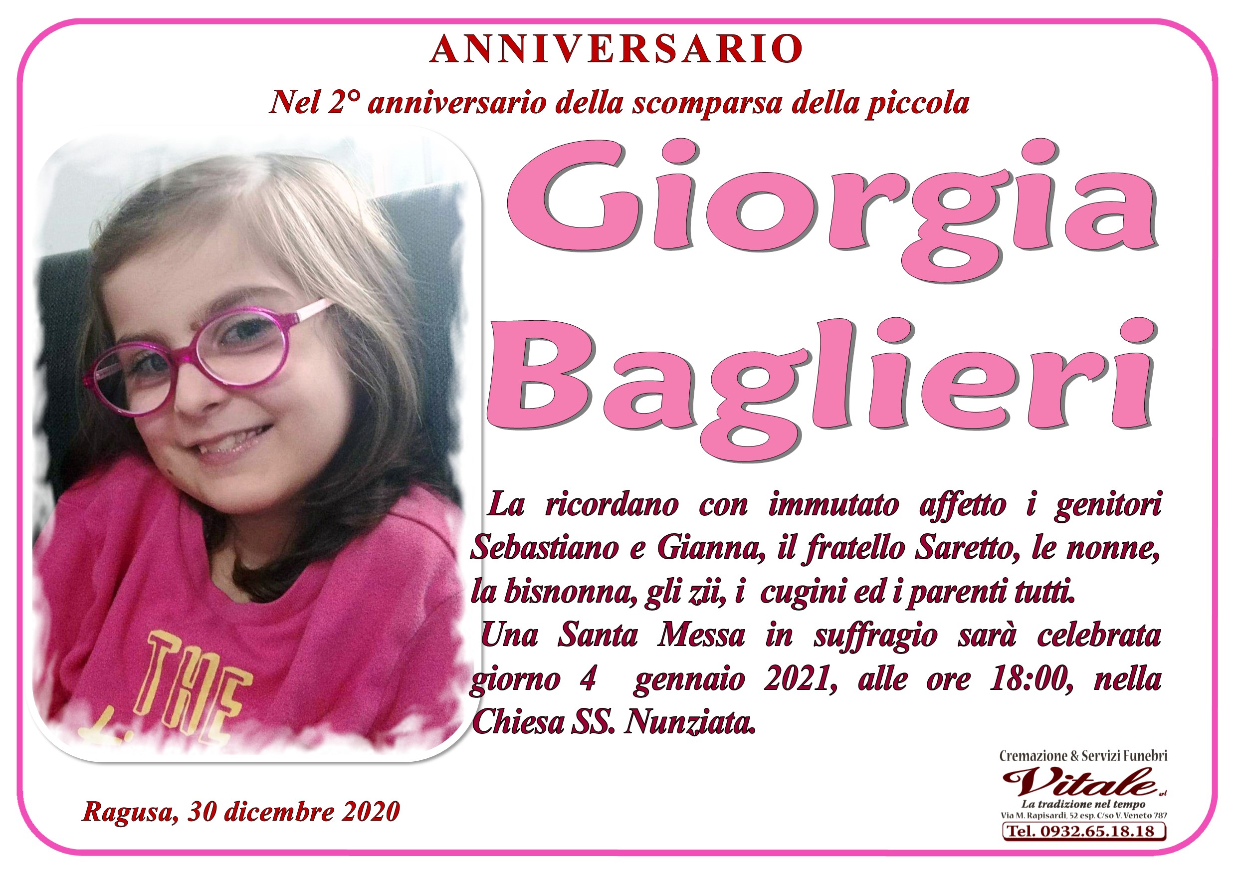 Necrologi, anniversario: Giorgia Baglieri - Ragusa Oggi