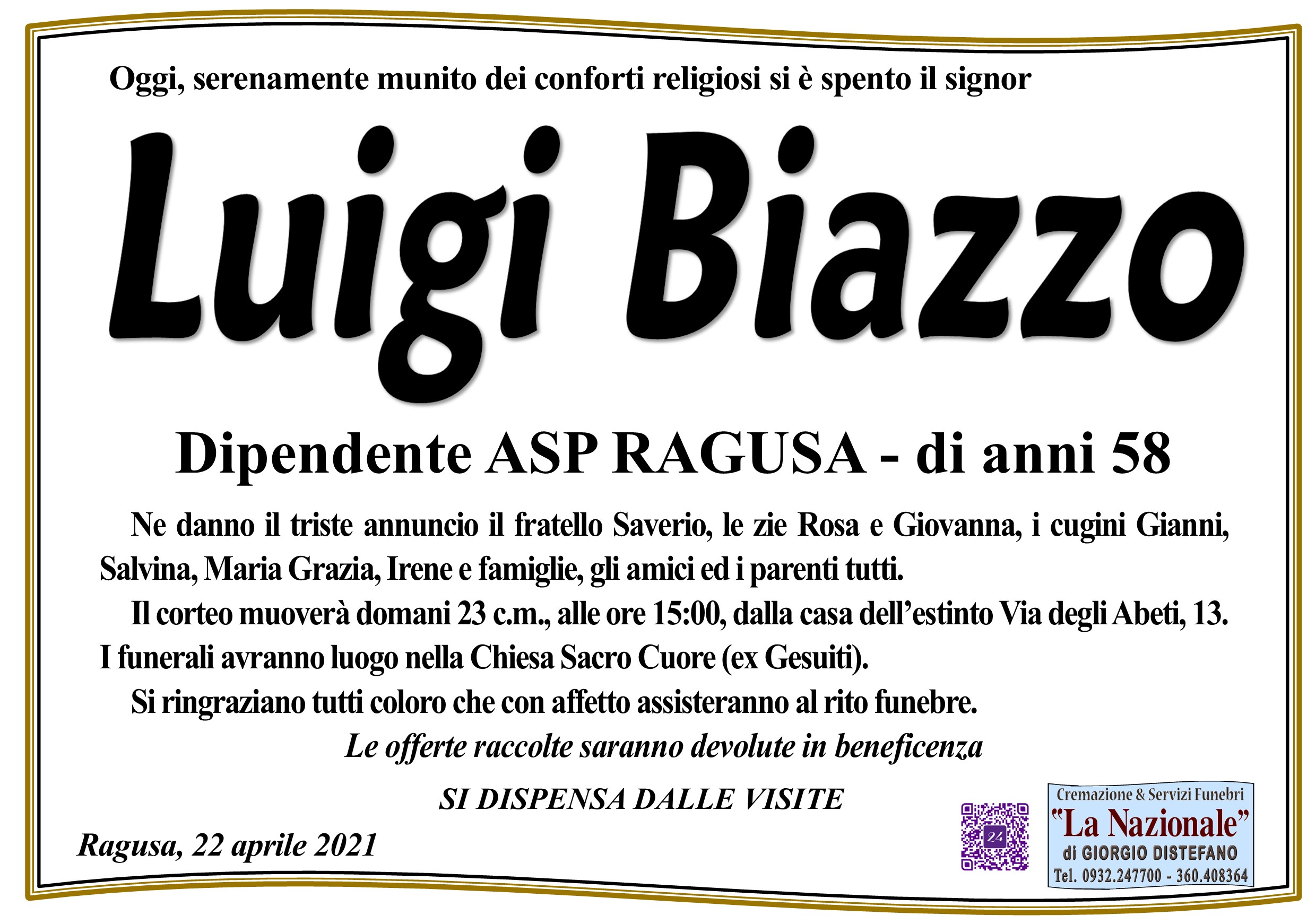 Necrologi: Luigi Biazzo - Ragusa Oggi