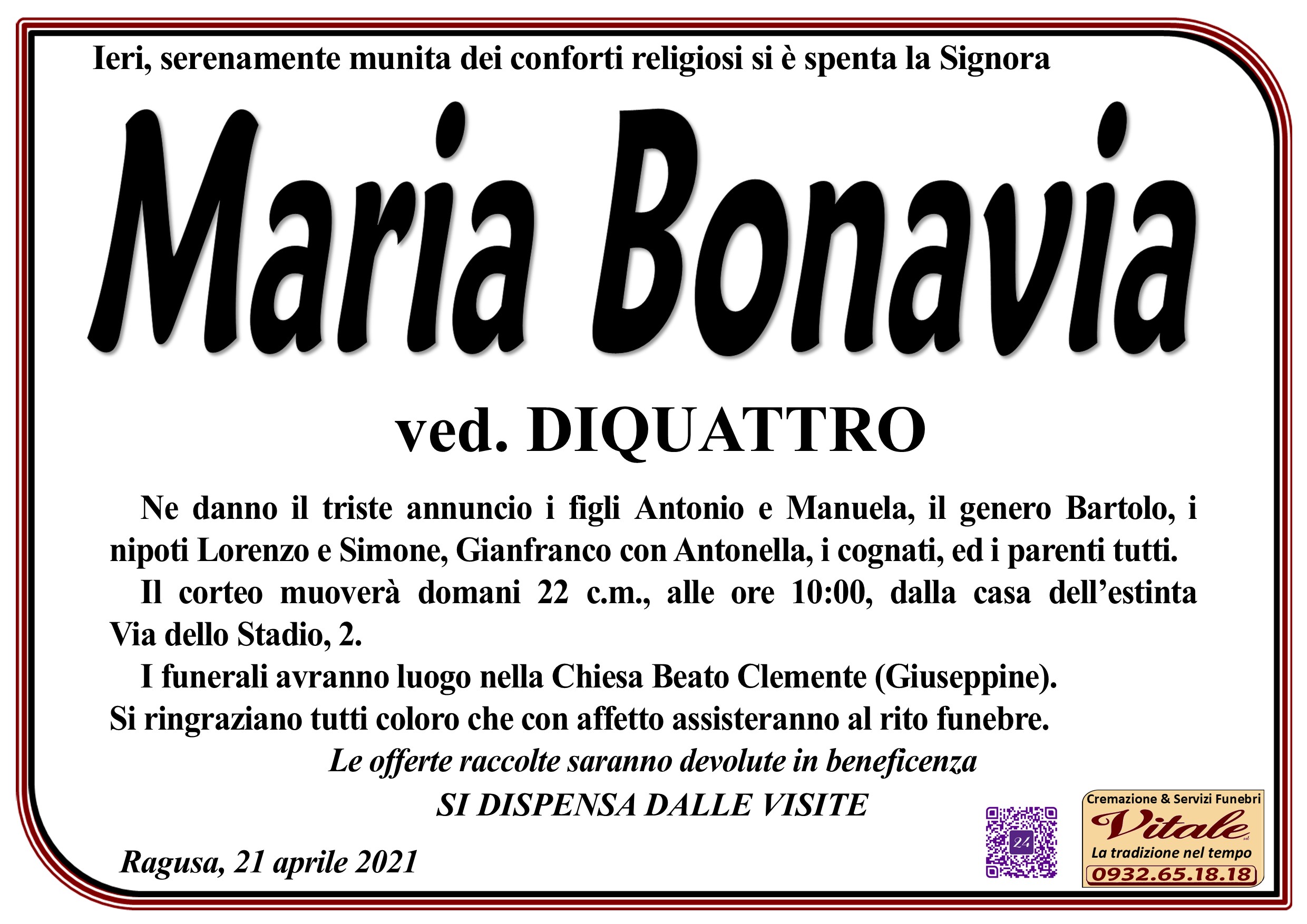 Necrologi: Maria Bonavia - Ragusa Oggi