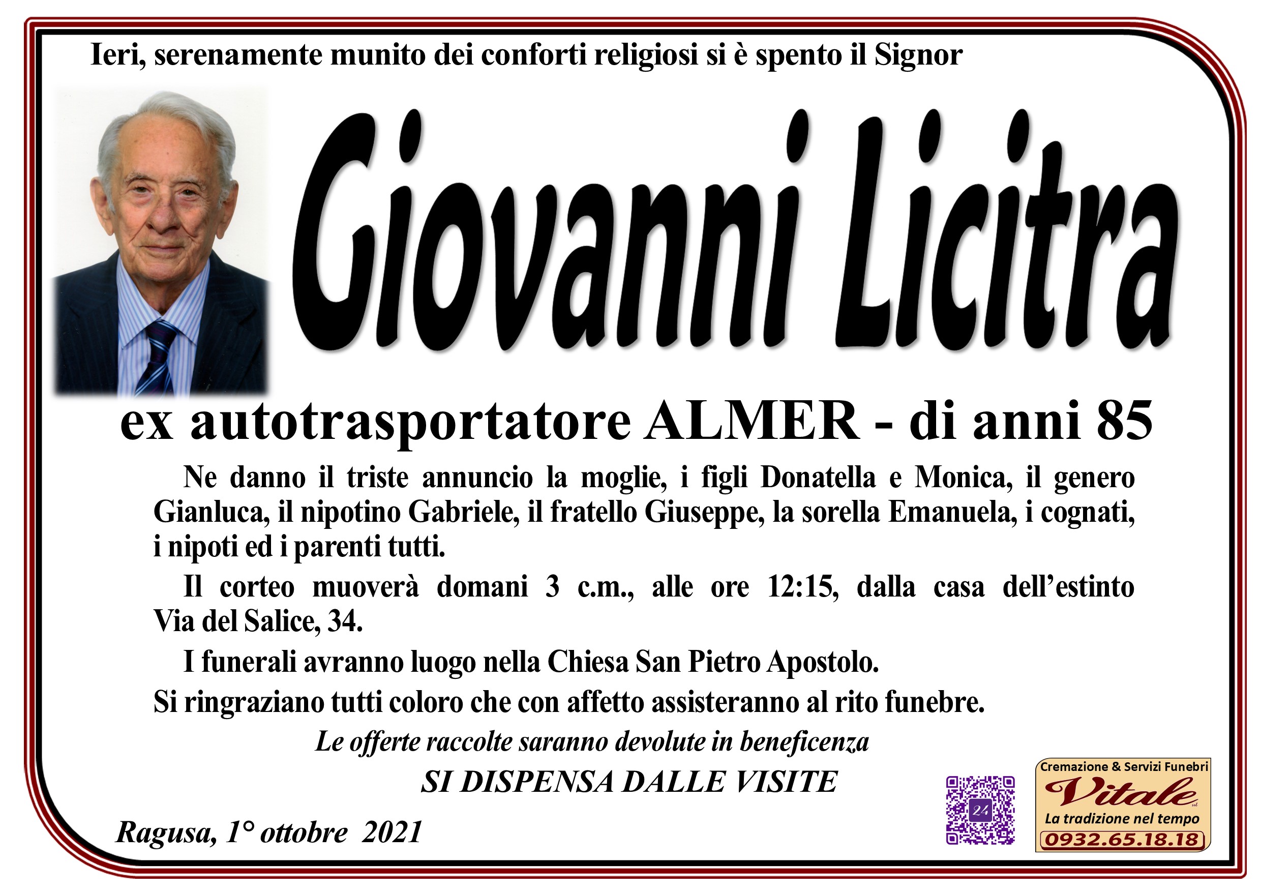 Necrologi: Giovanni Licitra - Ragusa Oggi