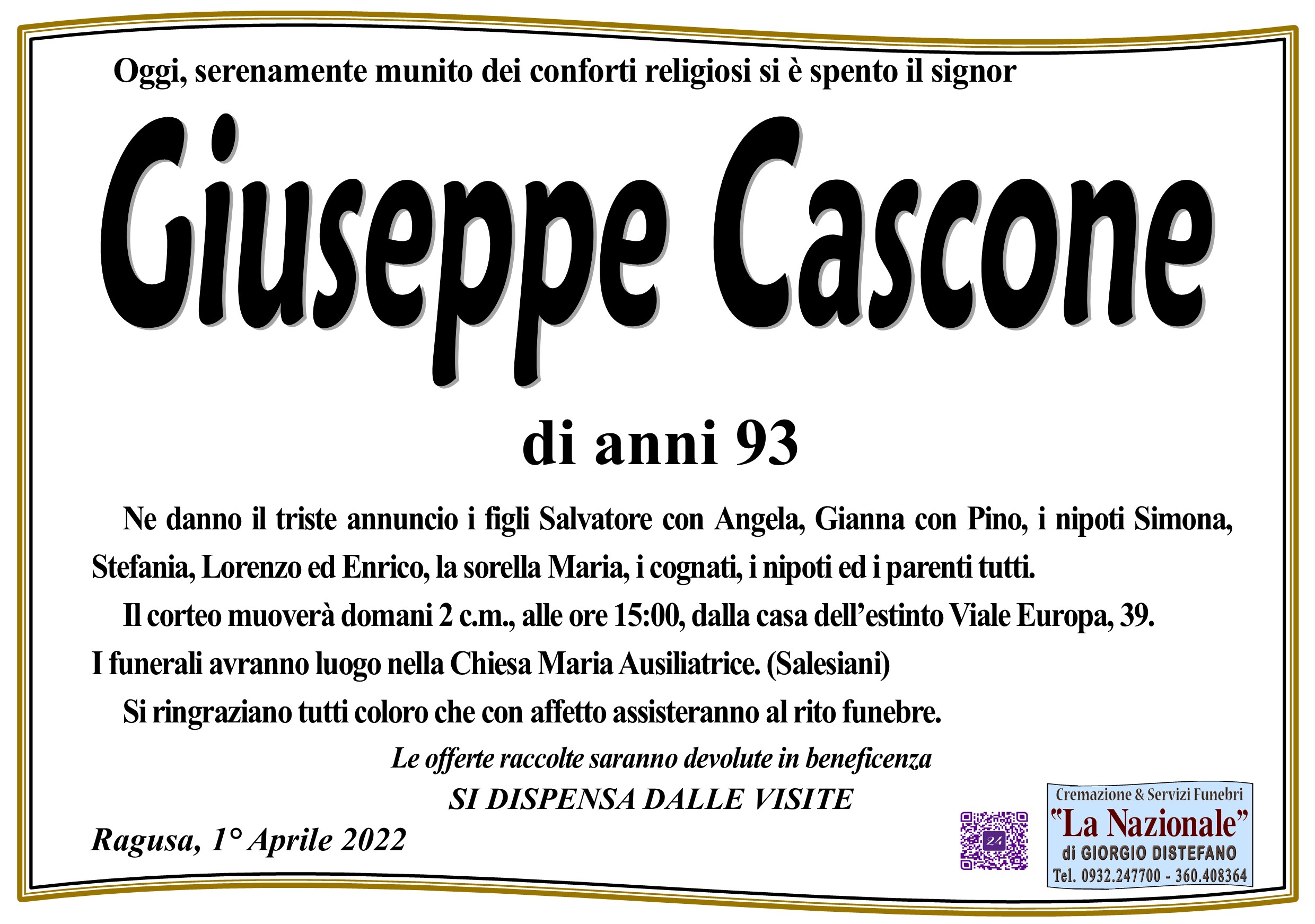 Necrologi: Giuseppe Cascone - Ragusa Oggi