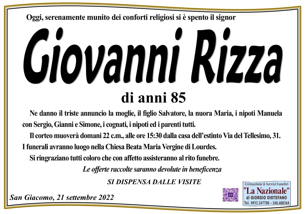 Necrologi: Giovanni Rizza - Ragusa Oggi