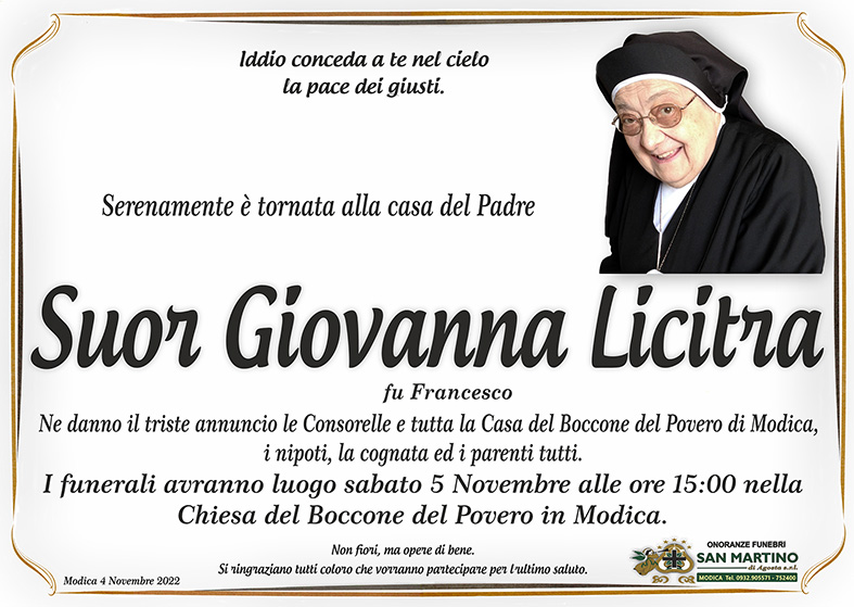 Necrologi: Suor Giovanna Licitra - Ragusa Oggi