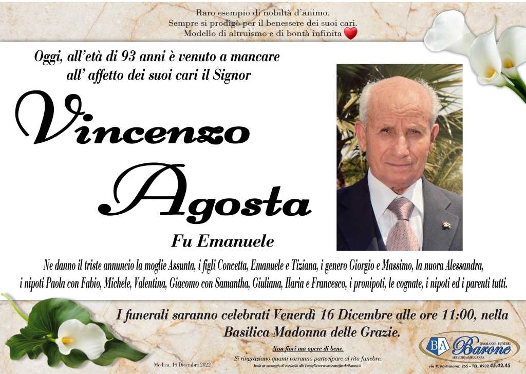 Necrologi: Vincenzo Agosta - Ragusa Oggi