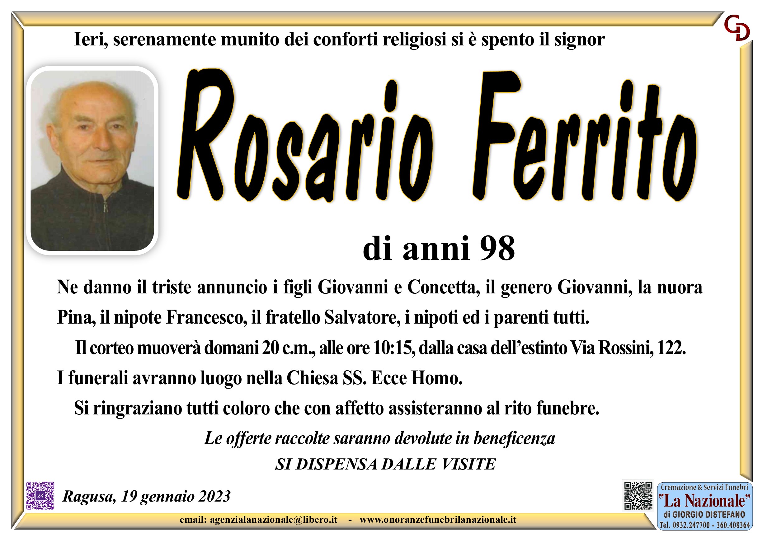 Necrologi: Rosario Ferrito - Ragusa Oggi