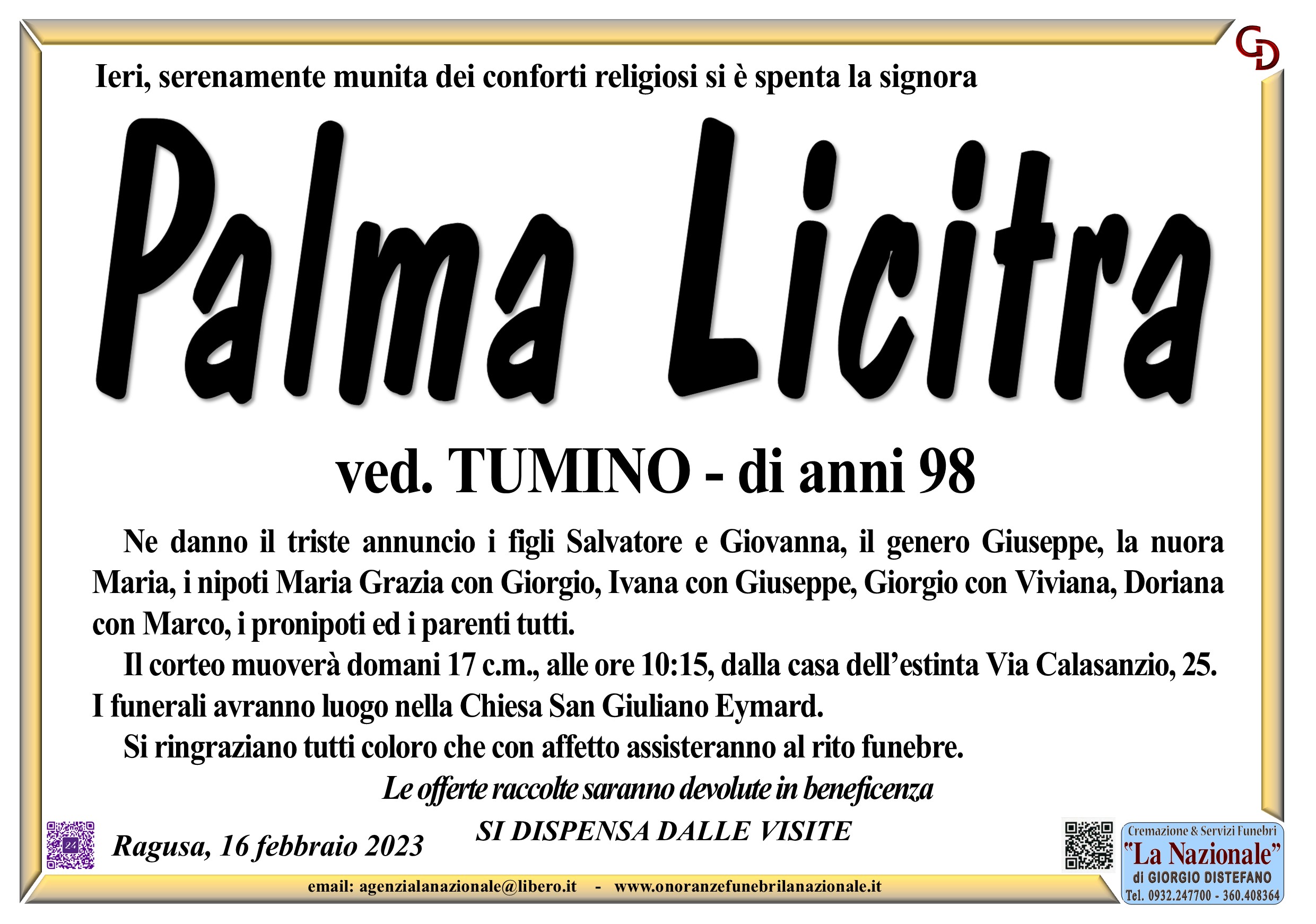 Necrologi: Palma Licitra - Ragusa Oggi