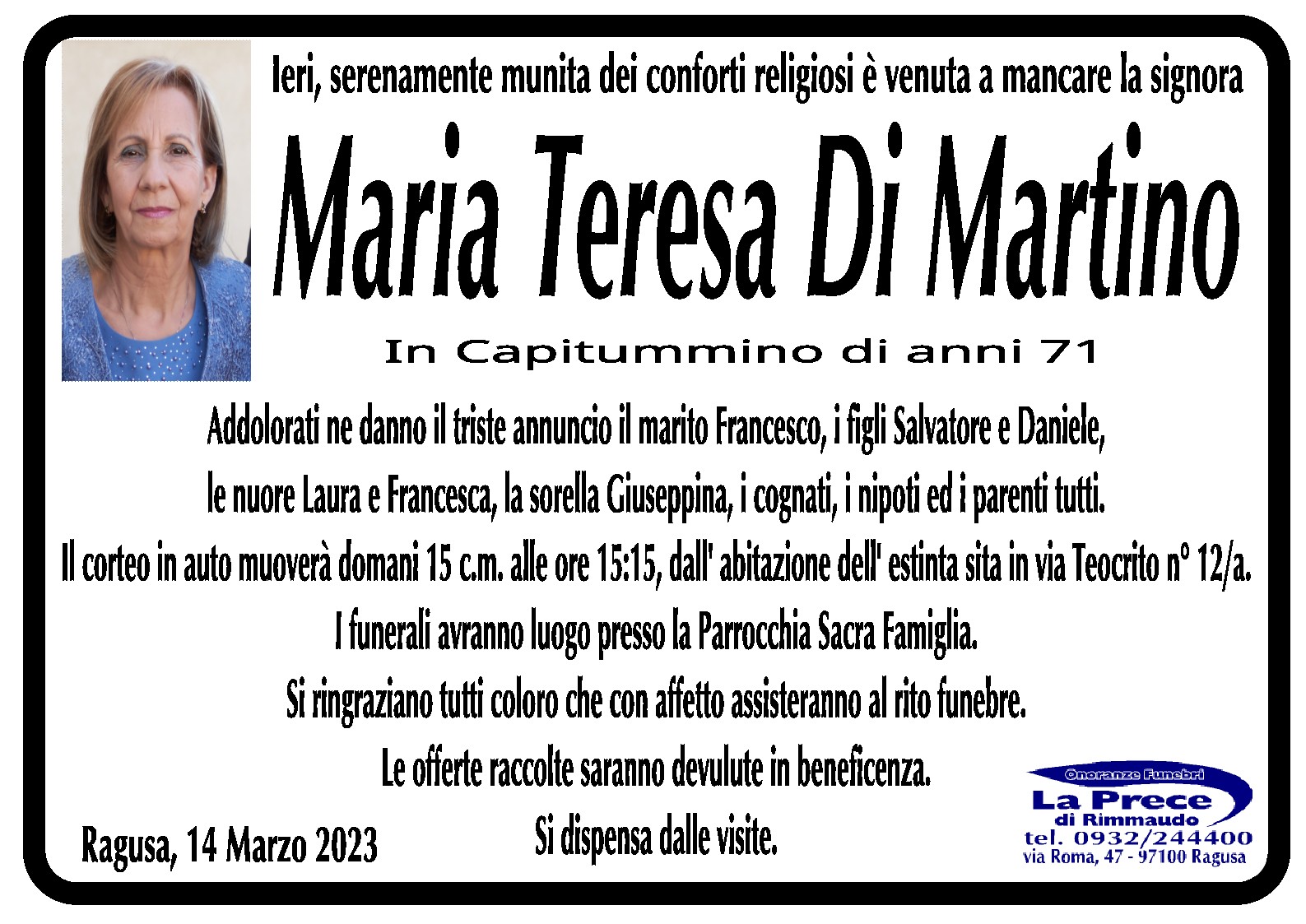 Necrologi: Maria Teresa Di Martino - Ragusa Oggi