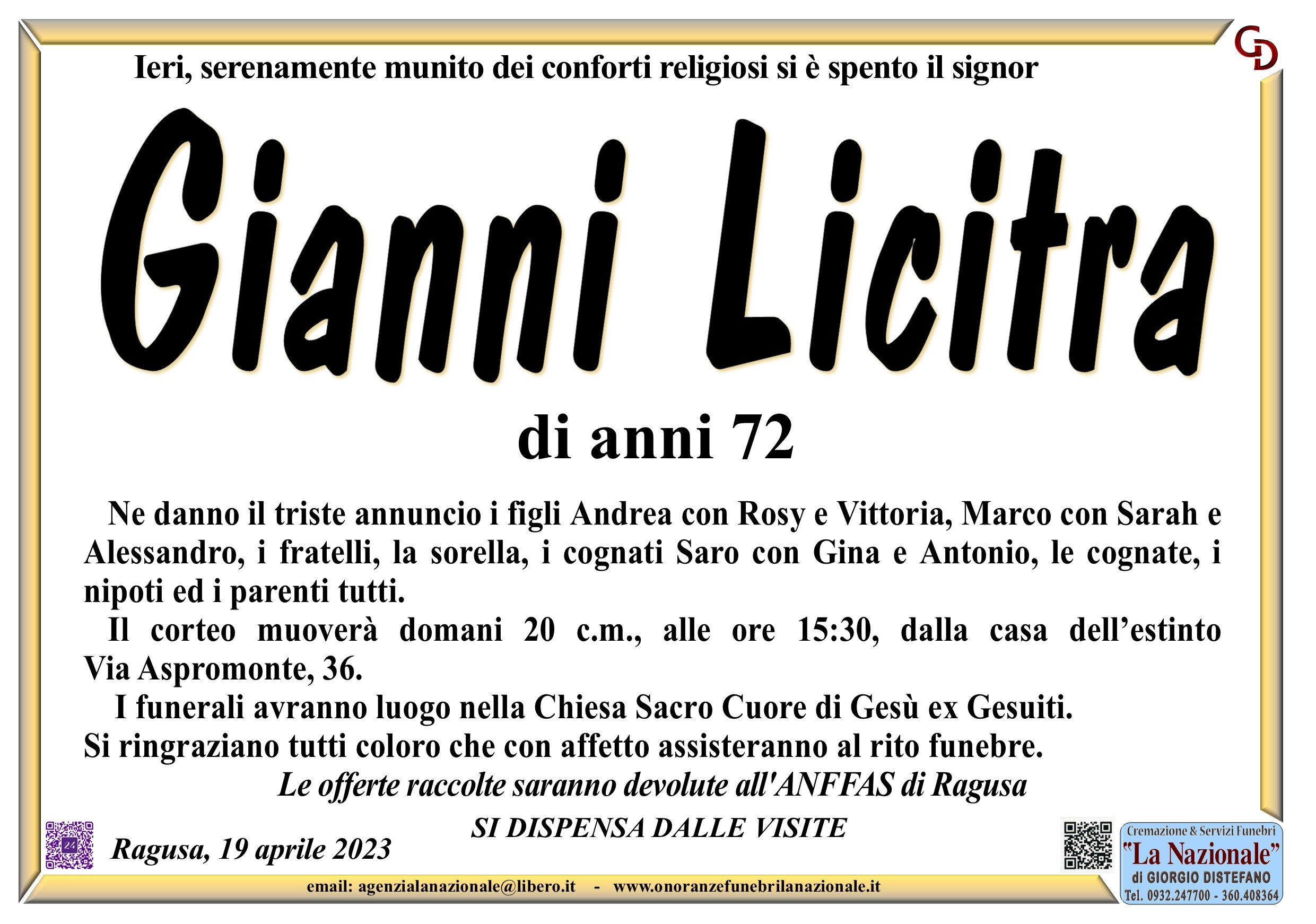 Necrologi: Gianni Licitra - Ragusa Oggi