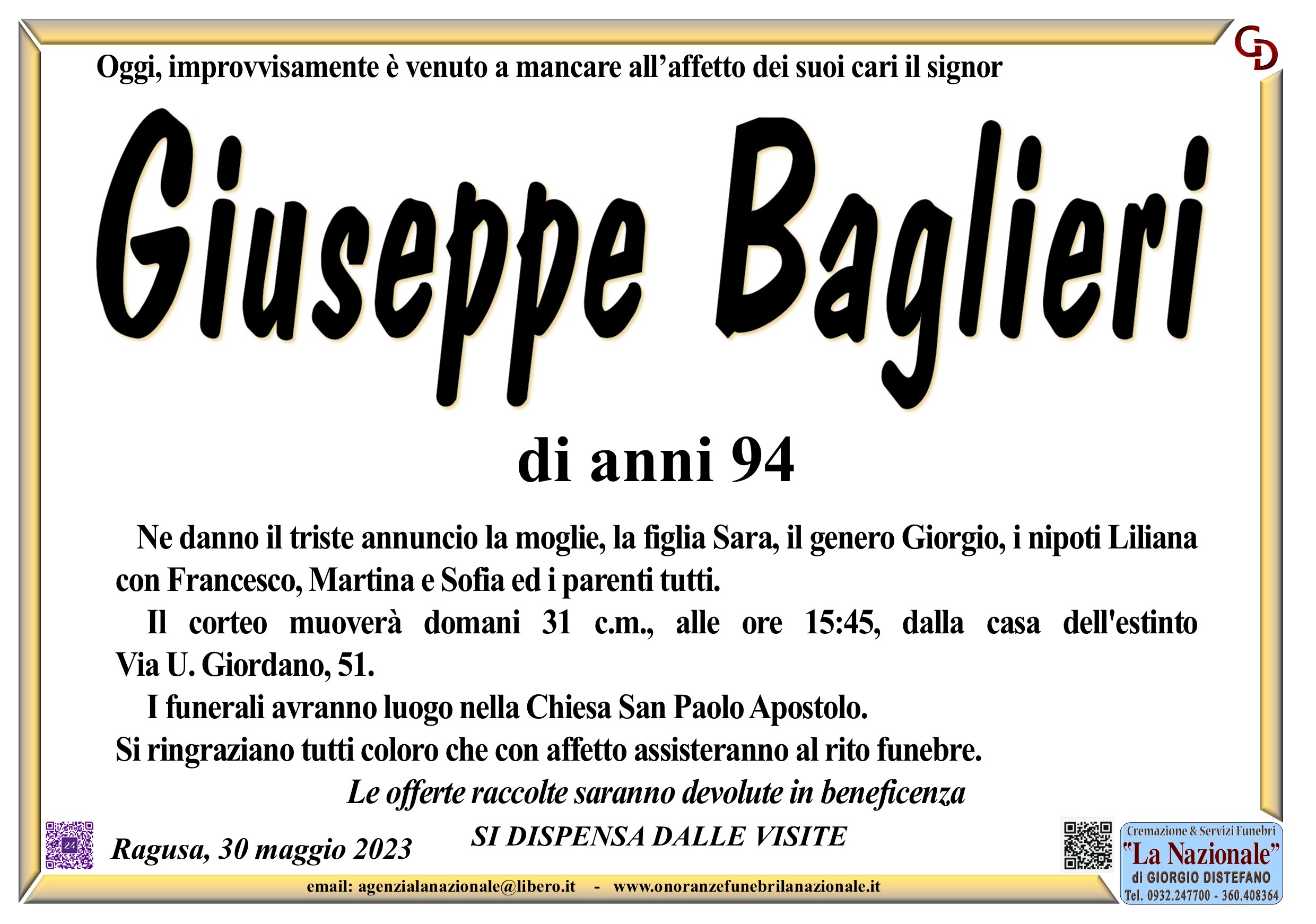 Necrologi: Giuseppe Baglieri - Ragusa Oggi