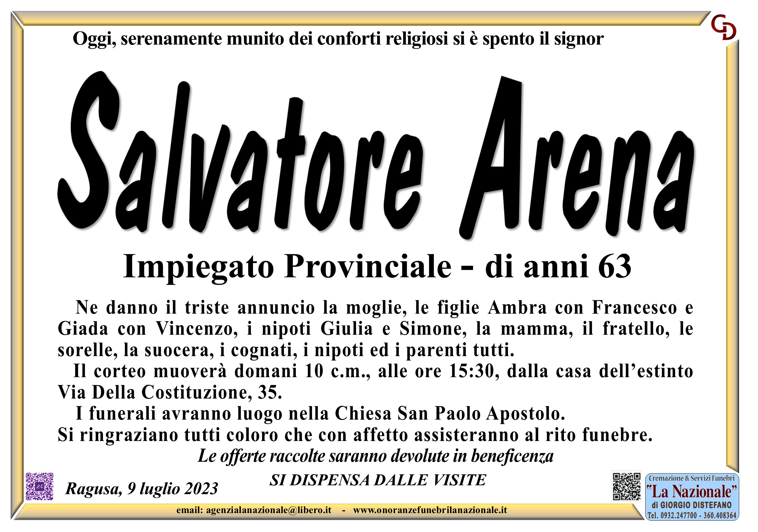 Necrologi: Salvatore Arena - Ragusa Oggi