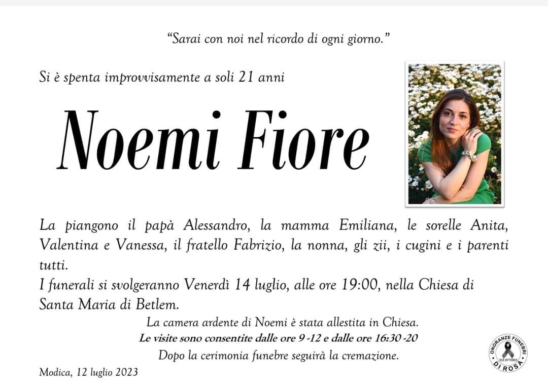 L'addio doloroso a Noemi Fiore: camera ardente allestita a Modica ...