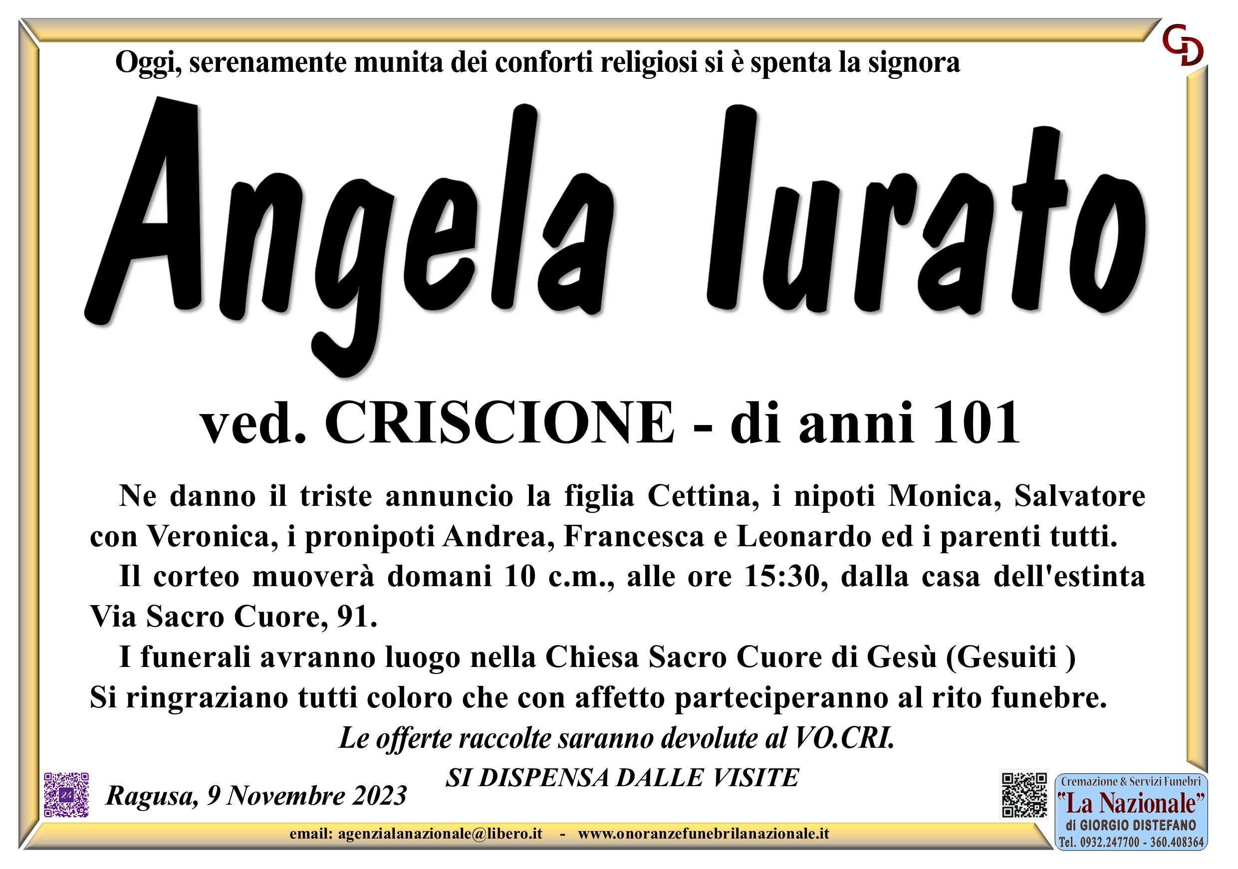 Necrologi: Angela Iurato - Ragusa Oggi