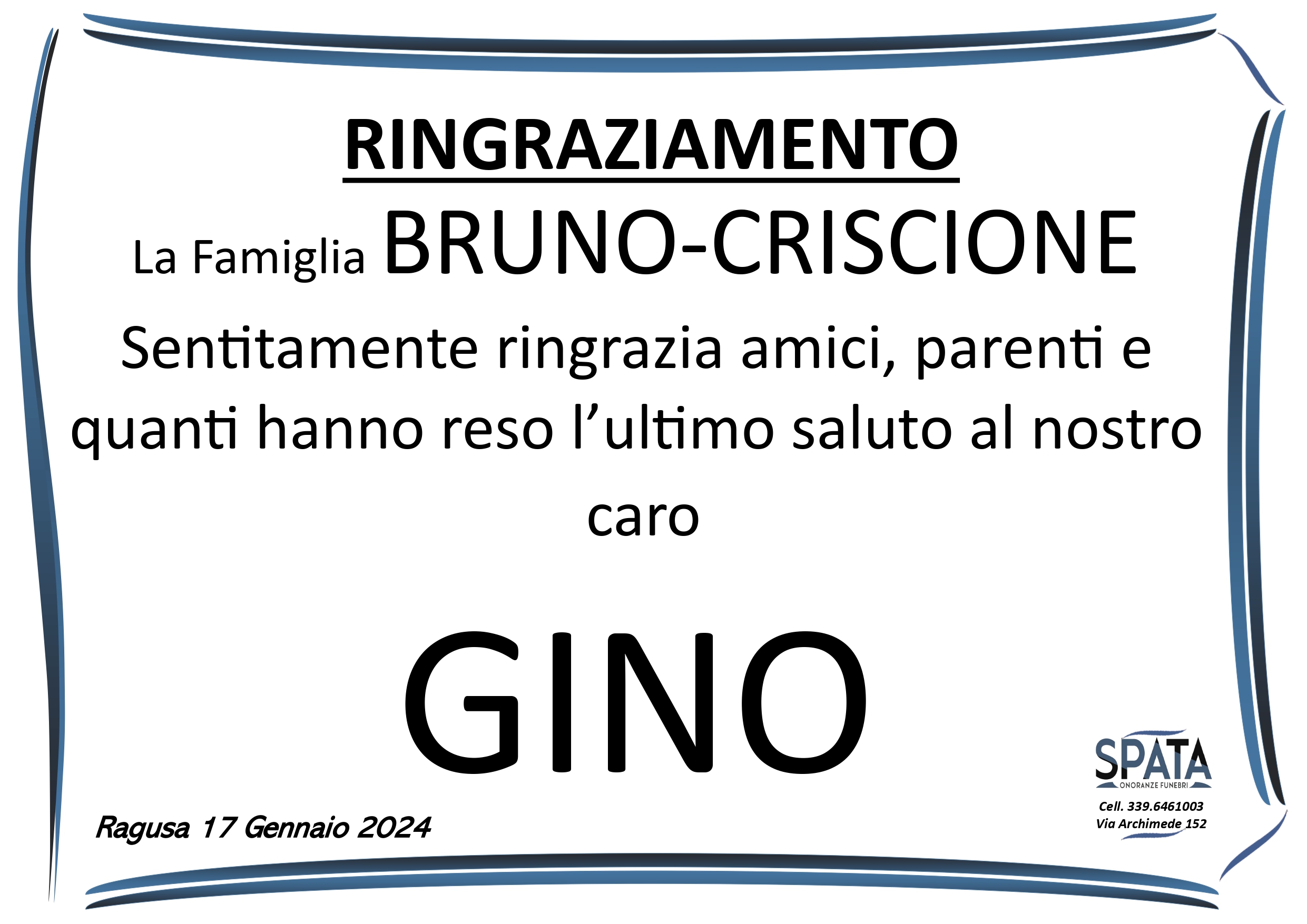 Ringraziamento famiglia Bruno-Criscione - Ragusa Oggi