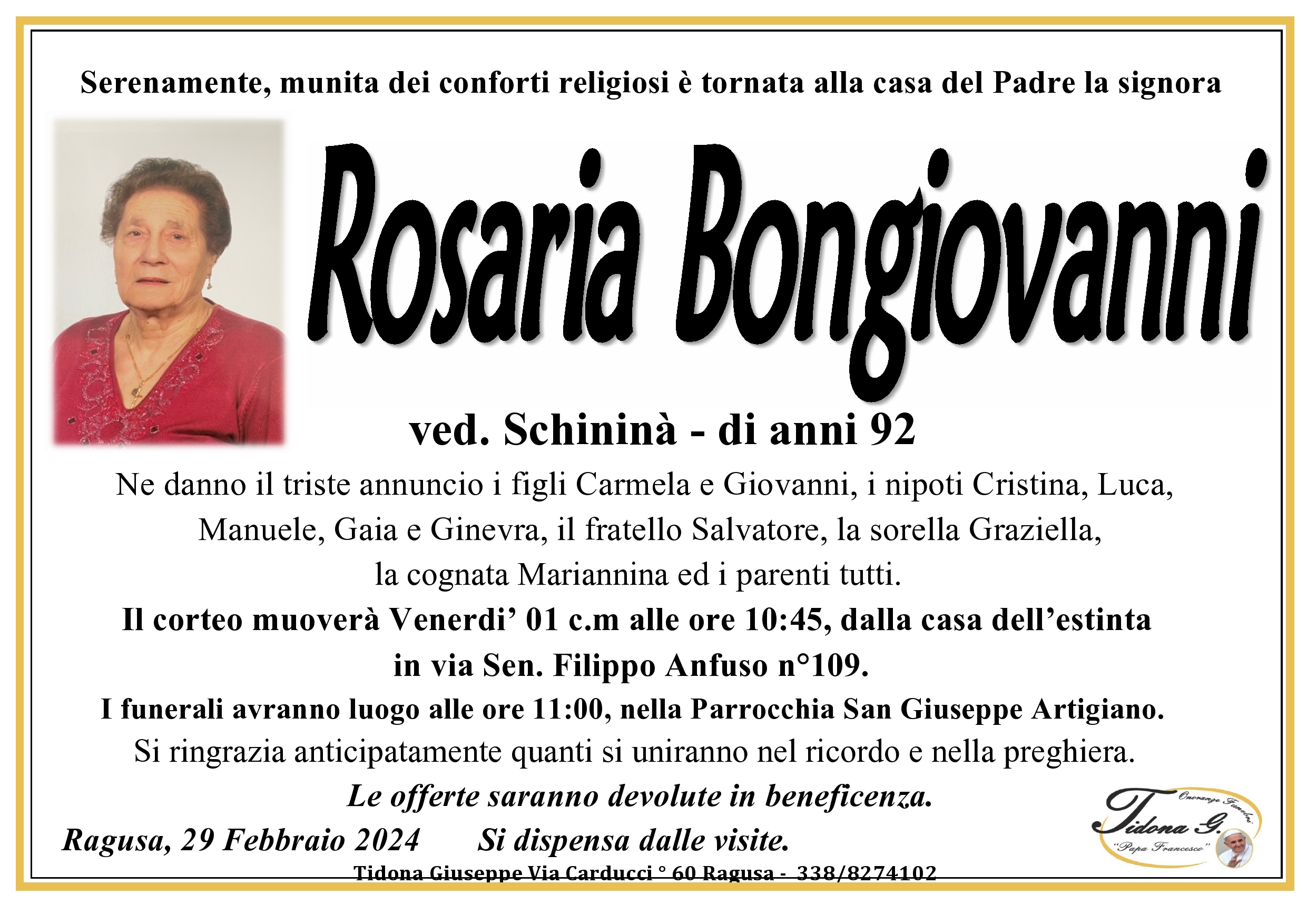 Necrologi: Rosaria Bongiovanni - Ragusa Oggi
