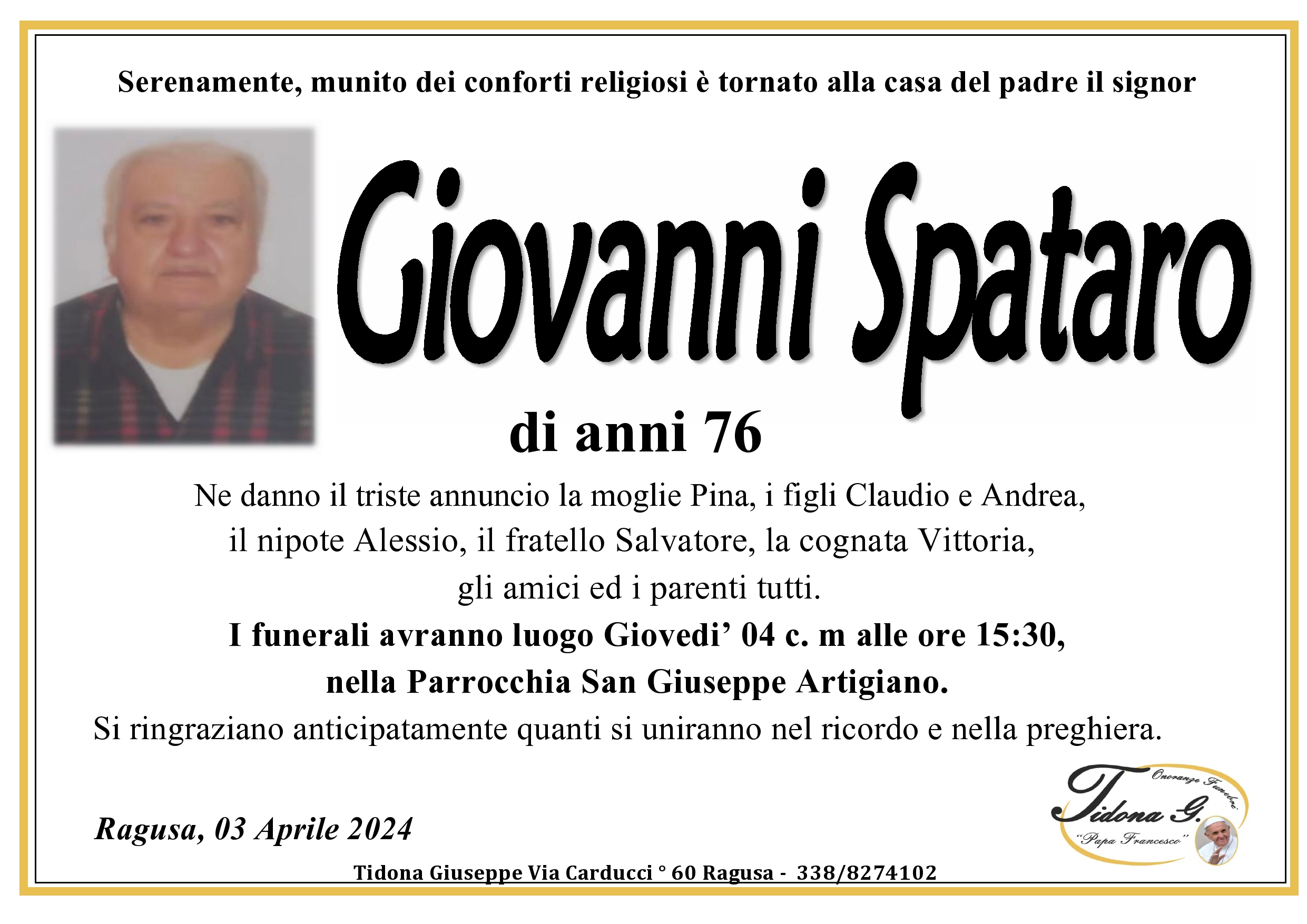 Necrologi: Giovanni Spataro - Ragusa Oggi