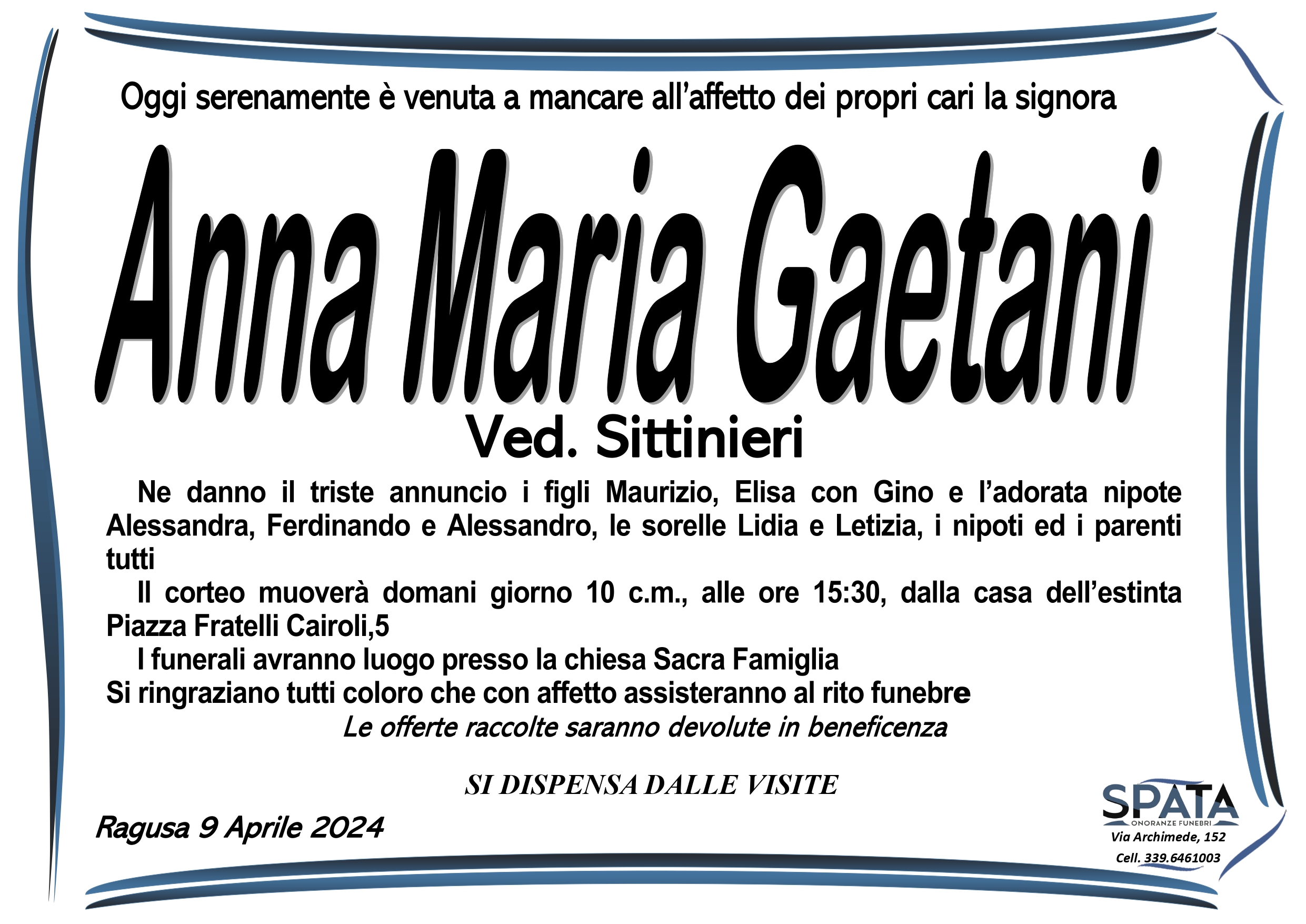 Necrologi: Anna Maria Gaetani - Ragusa Oggi