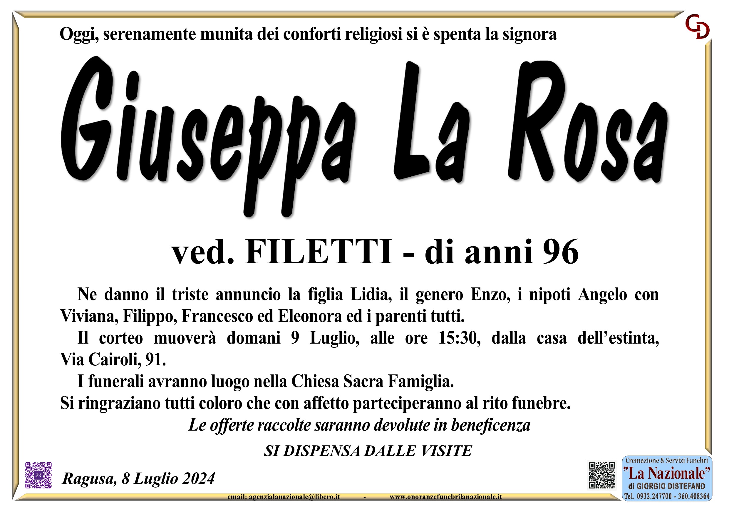 Necrologi: Giuseppa La Rosa - Ragusa Oggi