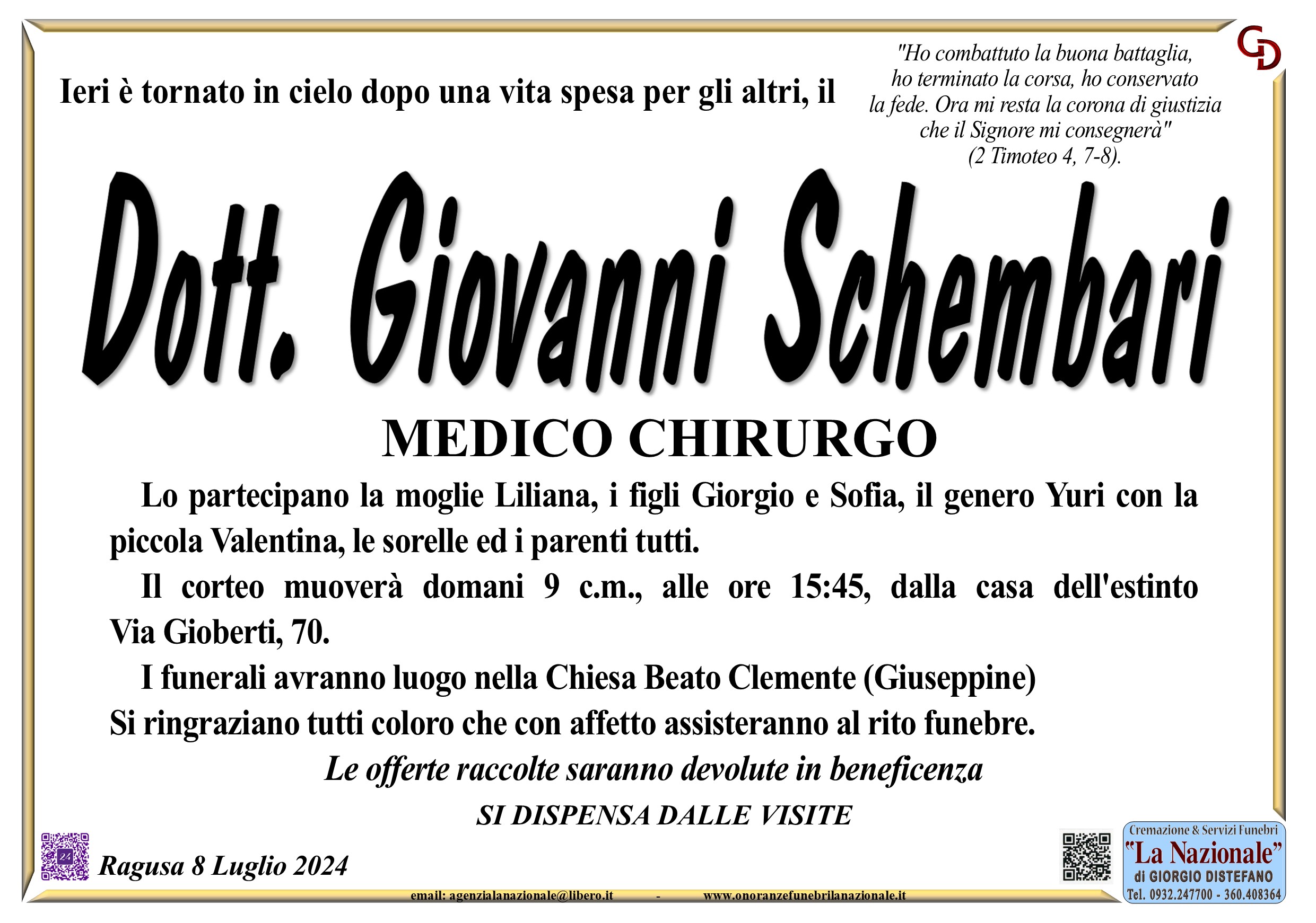 Necrologi: Giovanni Schembari - Ragusa Oggi