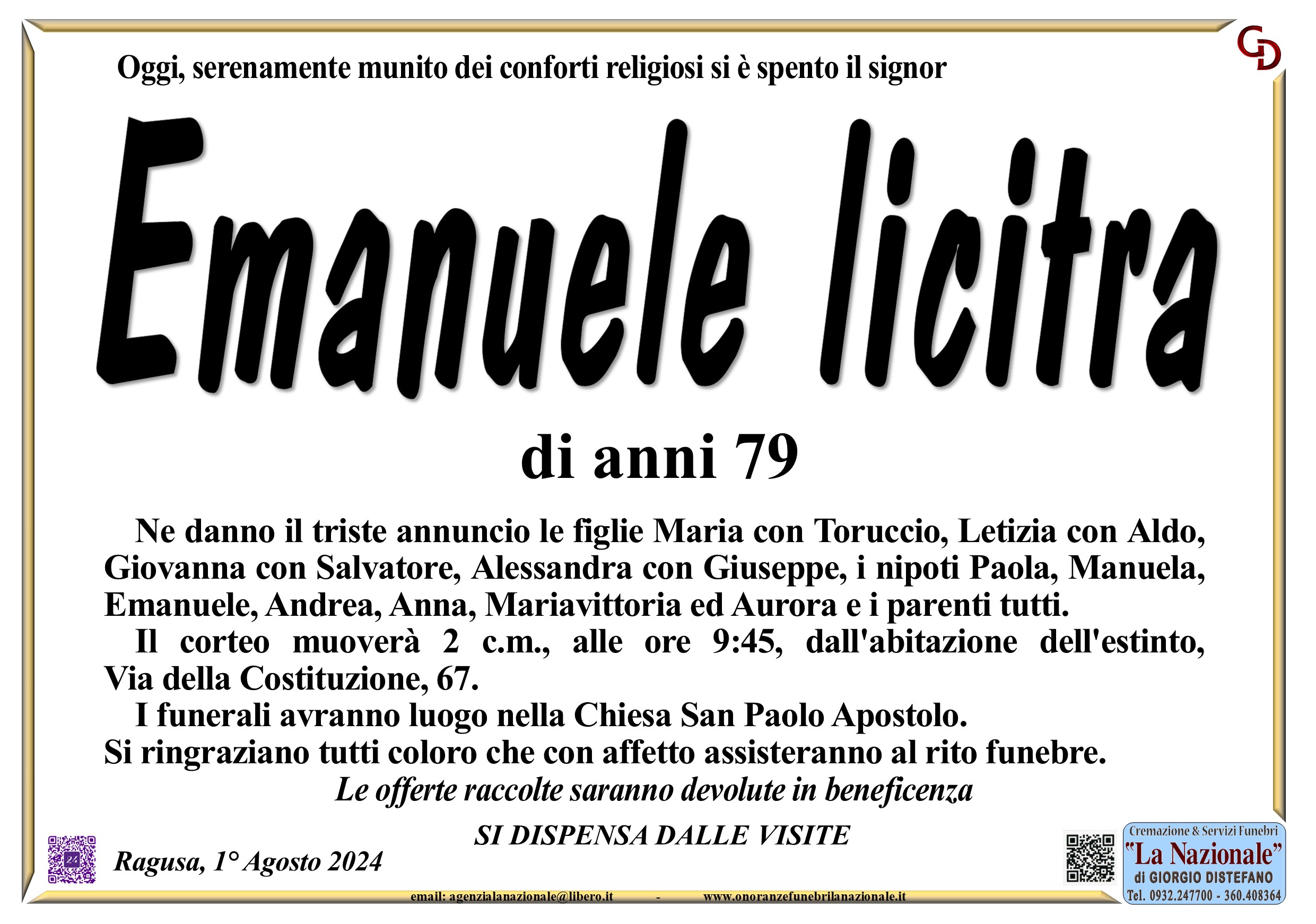 Necrologi: Emanuele Licitra - Ragusa Oggi