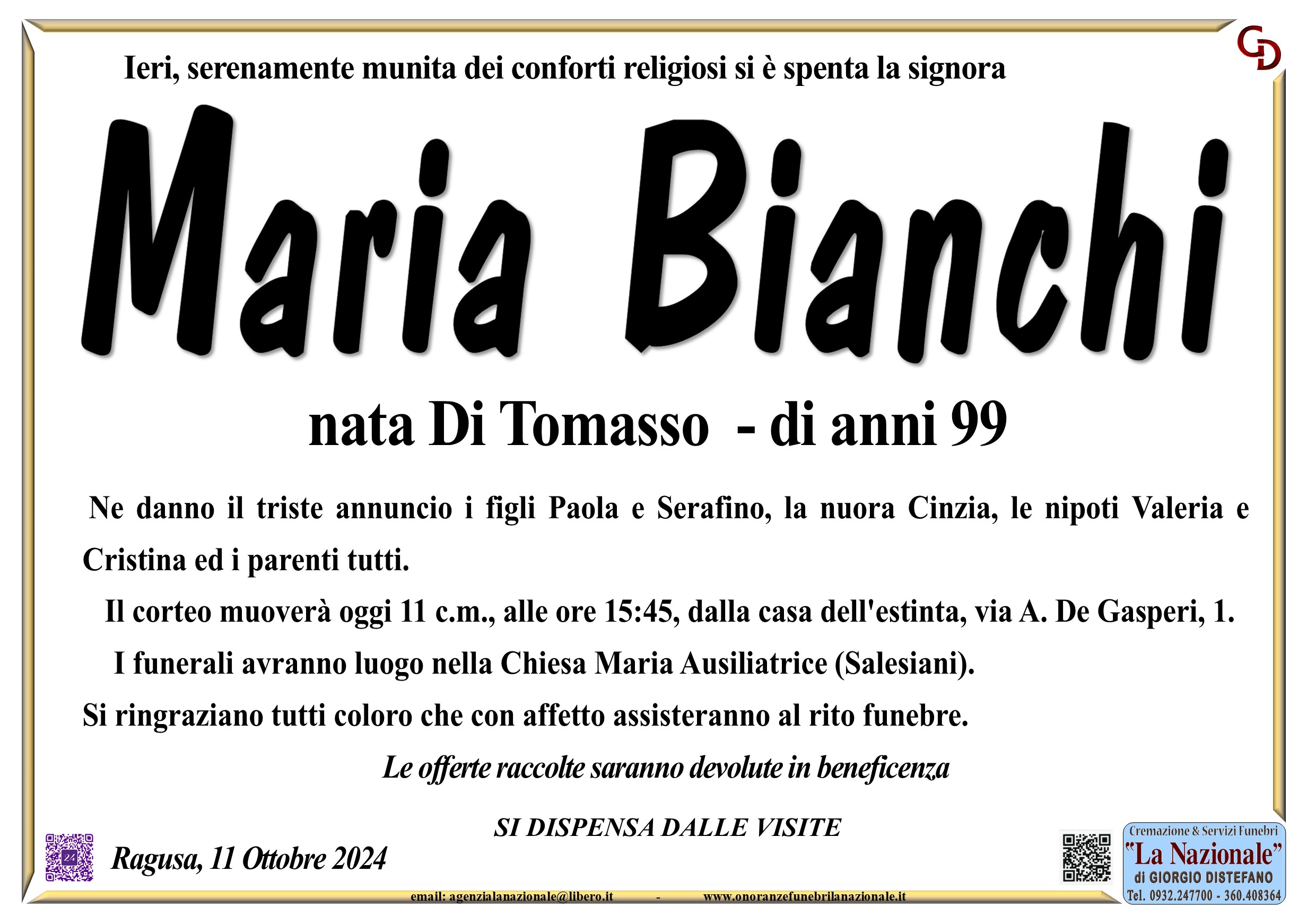 Necrologi: Maria Bianchi - Ragusa Oggi