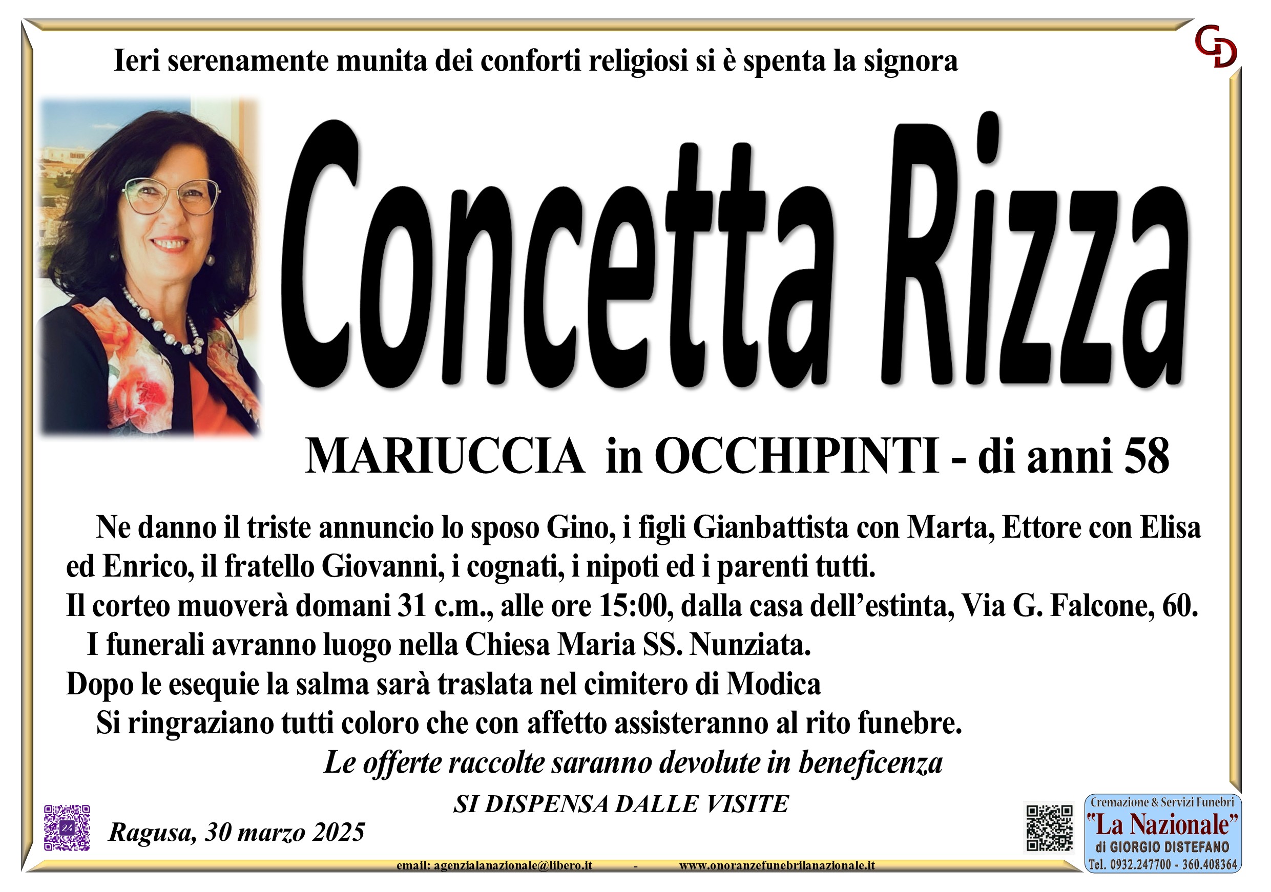 Necrologi: e' deceduta Concetta Rizza - Ragusa Oggi