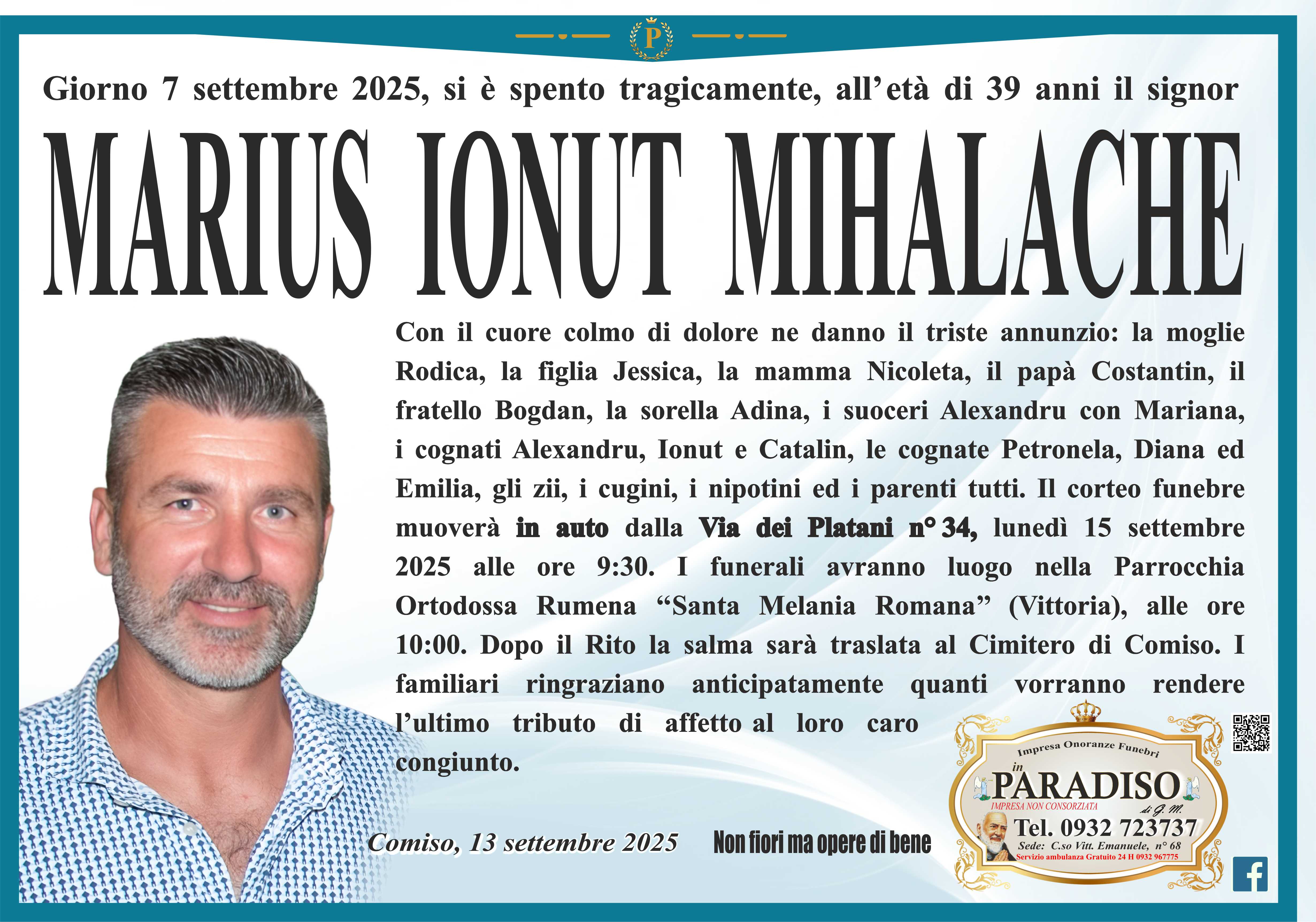 Necrologi: E' deceduto Mariu Ionut Mihalache - Ragusa Oggi