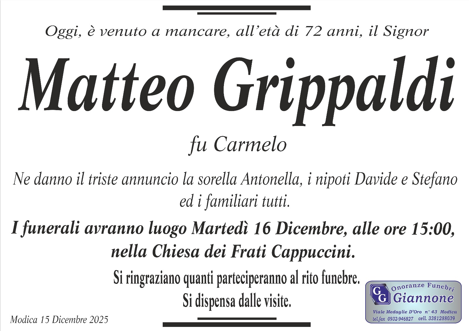 Necrologi: Matteo Grippaldi - Ragusa Oggi